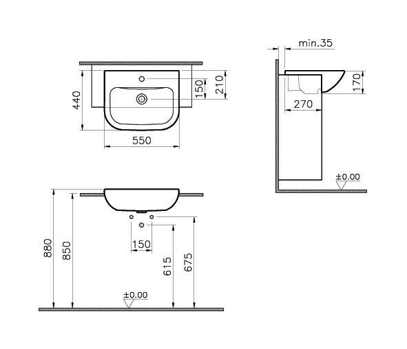 VitrA S20 1TH 55cm Semi-Recessed Basin