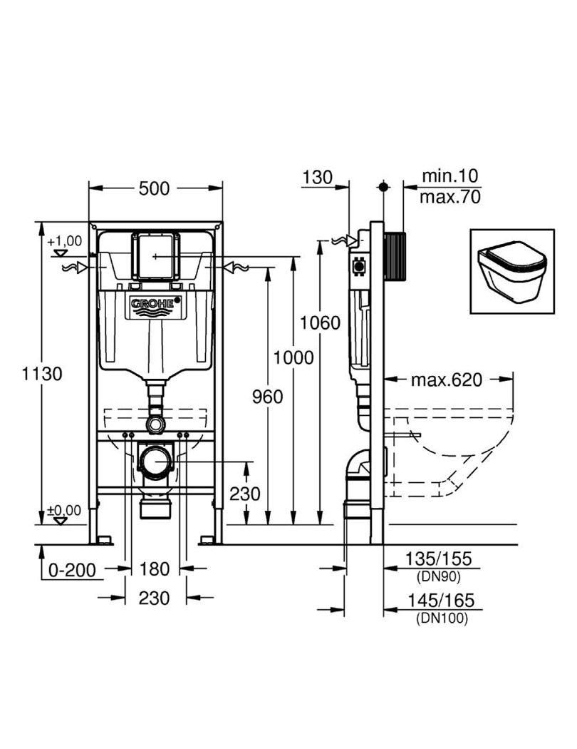 Grohe Rapid SL 1.13m High Wall Hung WC Frame And Cistern